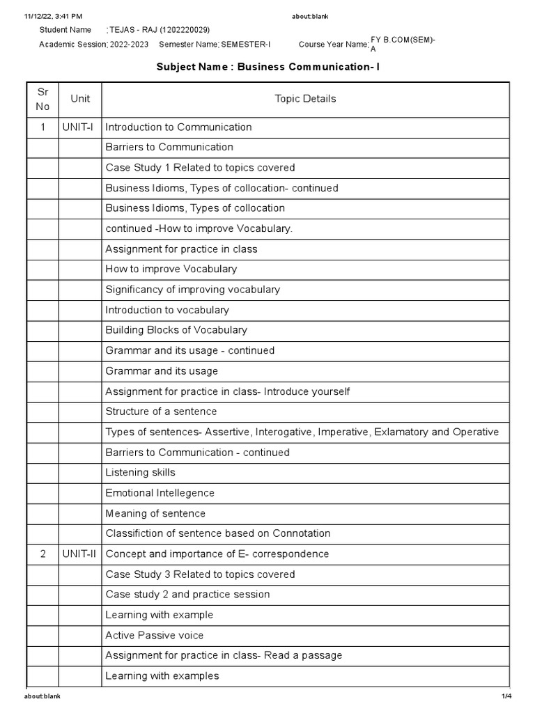 Business Communication I Syllabus For 1st Semester | PDF | Communication | Reading Comprehension