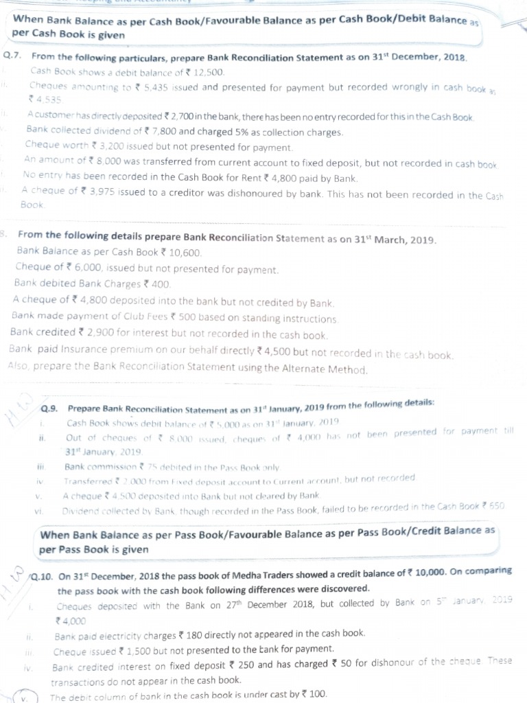 Bank Reconciliation Statement Numerical | PDF | Banks | Cheque