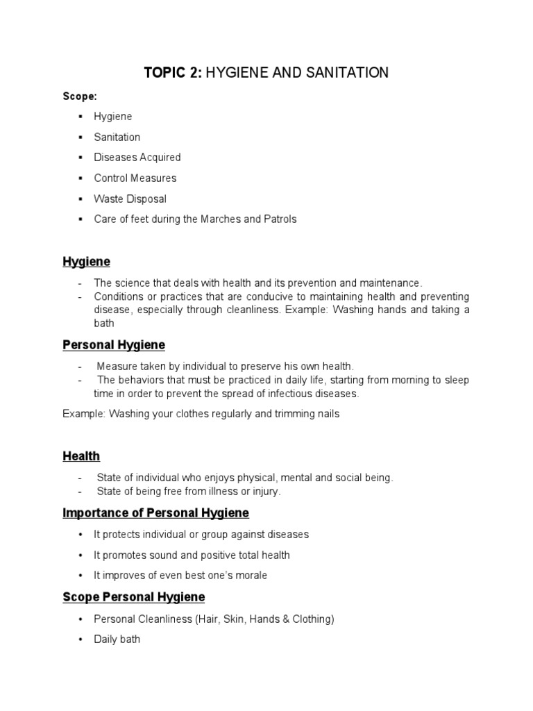 Topic 2 Hygiene and Sanitation | PDF | Hygiene | Water