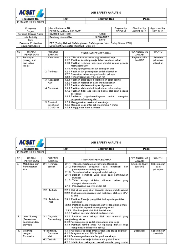 JSA Pekerjaan Bendung Kolam Olak | PDF