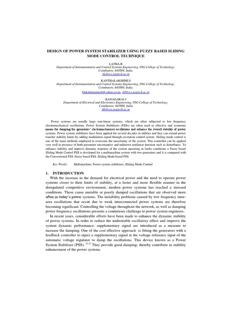 Design of Power System Stabilizer Using Fuzzy Based Sliding Mode Control Technique | PDF ...