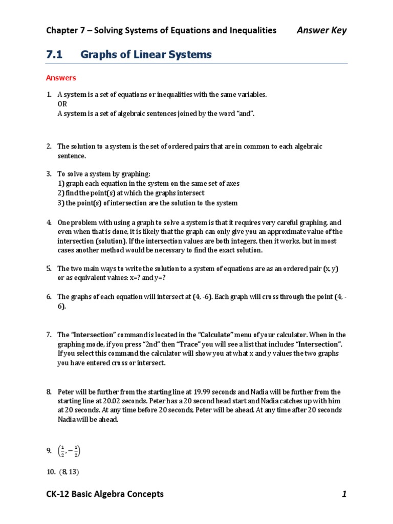Answer Key - CK-12 Chapter 07 Basic Algebra Concepts | PDF | Equations | System Of Linear Equations