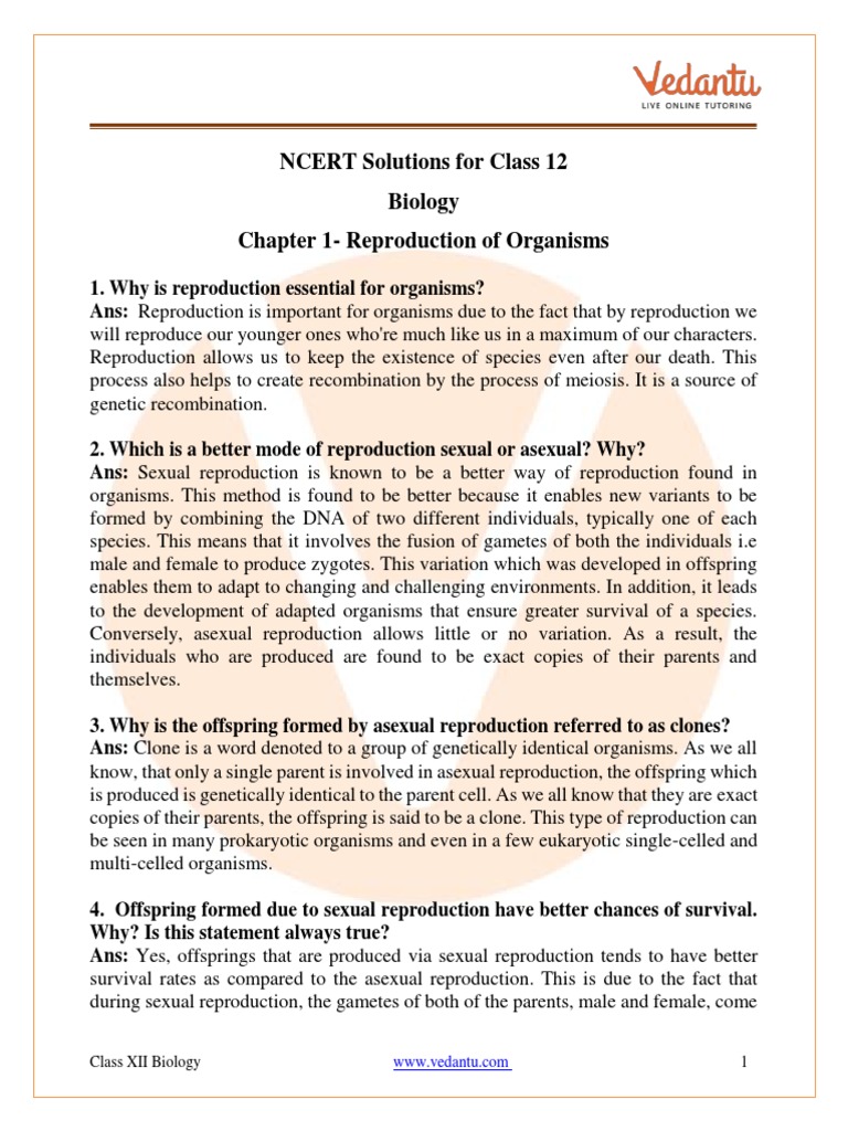 Class Notes 12 - Biology - Reproduction in Organism | PDF ...