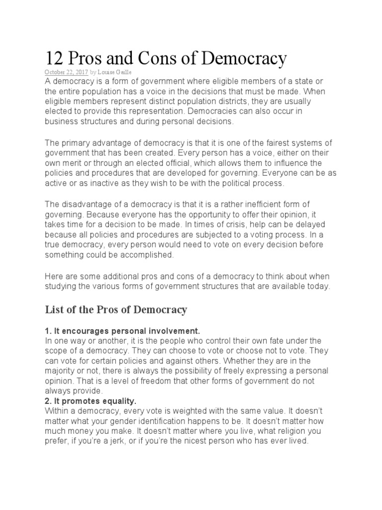 Pros and Cons of Democracy Explained | PDF | Democracy | Political ...