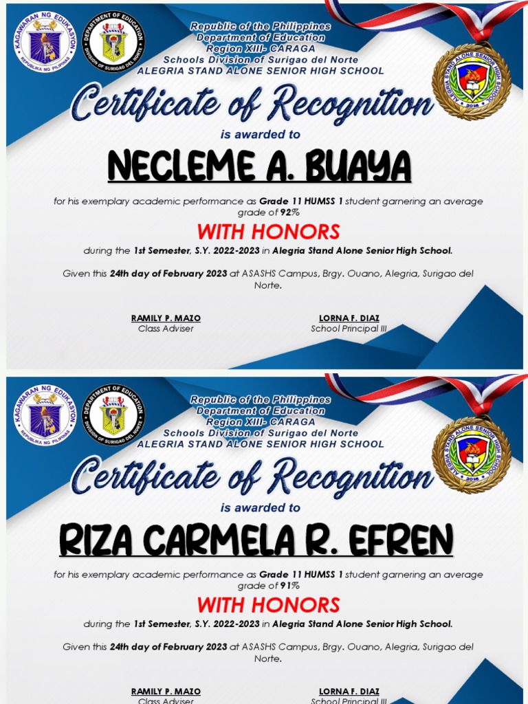 Alegria Stand Alone Senior High School Honors Students for Exemplary ...
