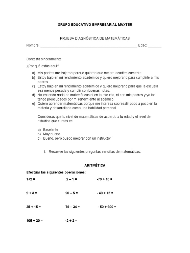 Prueba Diagnóstica de Matemáticas Maxter | PDF | Matemáticas ...