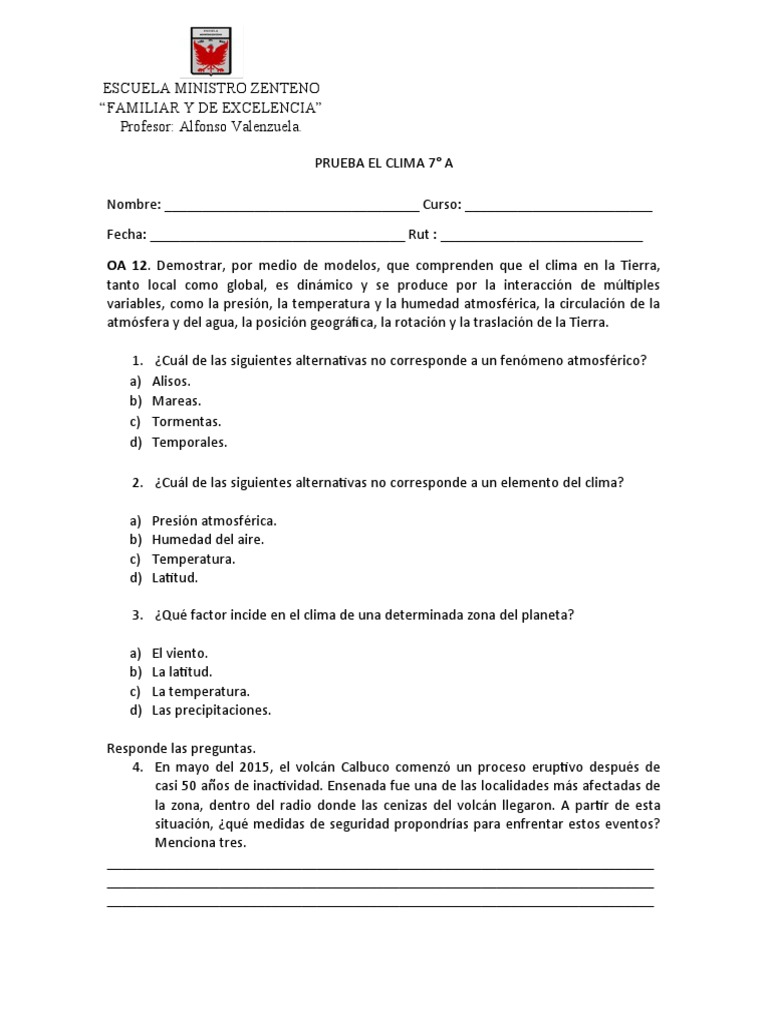 Prueba El Clima 7 9 de Octubre | PDF | Clima | Tierra