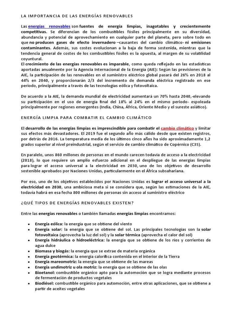 La Importancia de Las Energías Renovables | PDF | Energía renovable ...