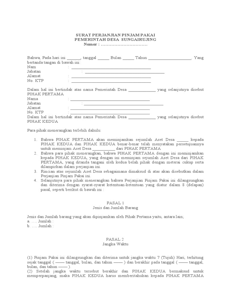 SURAT PERJANJIAN PINJAM PAKAI | PDF