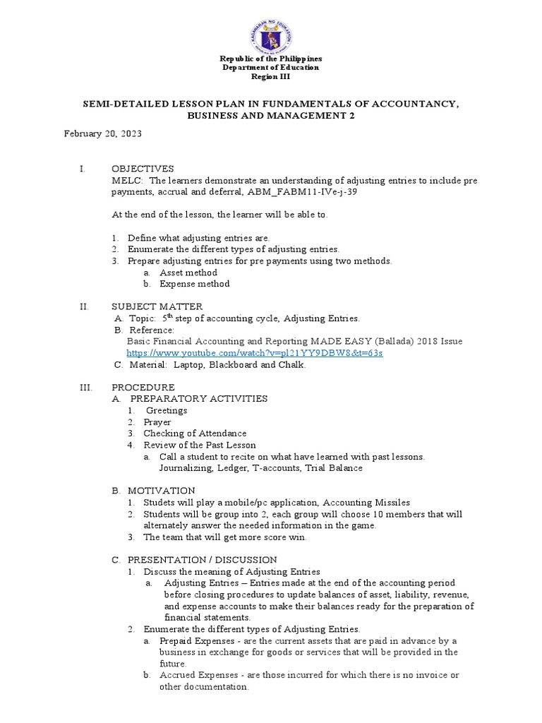 Lesson Plan Adjusting Entries Fabm2 | PDF | Business | Financial Services