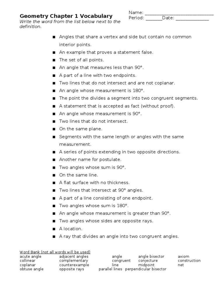 Geometry Chapter 1 Vocabulary Guide | PDF