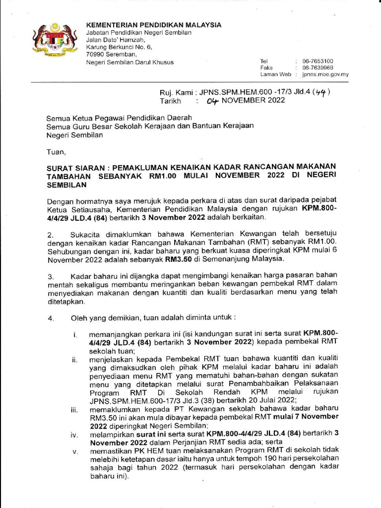 Surat Siaran Pemakluman Kenaikan Kadar RMT RM1 November 2022 | PDF