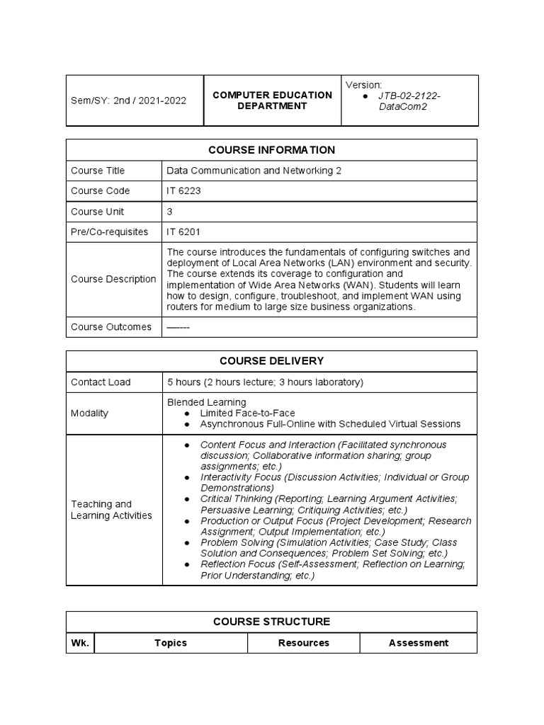Course Outline (Data Communication and Networking 2) | PDF | Computer ...