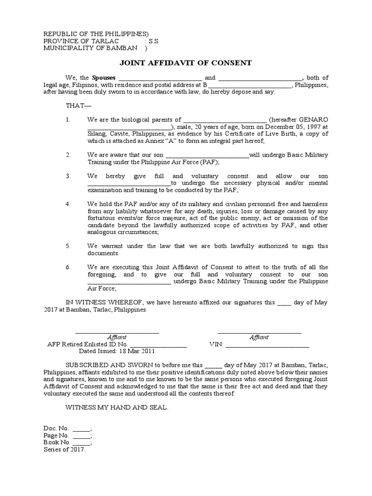 Joint Affidavit of Consent - Military Training | PDF | Affidavit ...