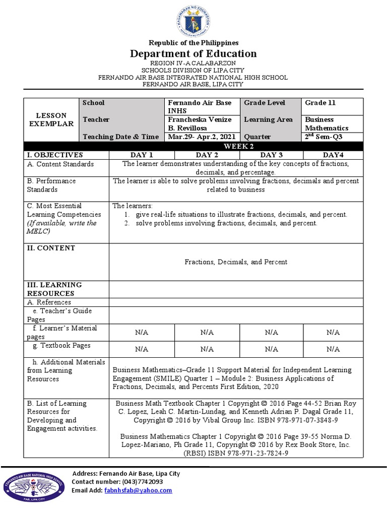 Francheska Venize Barola Revillosa - Bus Math - Grade 11 - Week2 | PDF | Learning | Behavior ...