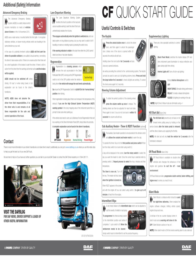 DAF CF 2018 Dashboard Controls Guide | PDF | Automotive Industry ...