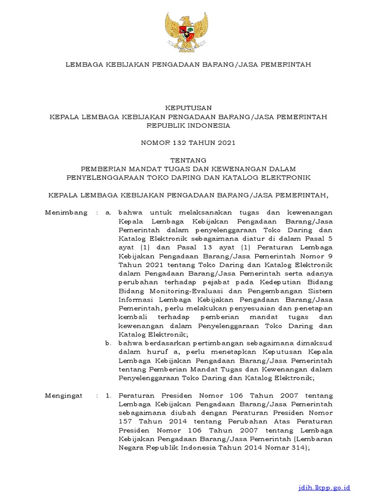 Keputusan Kepala Lkpp Nomor 132 Tahun 2021 Ttg Mandat Kepala Kepada