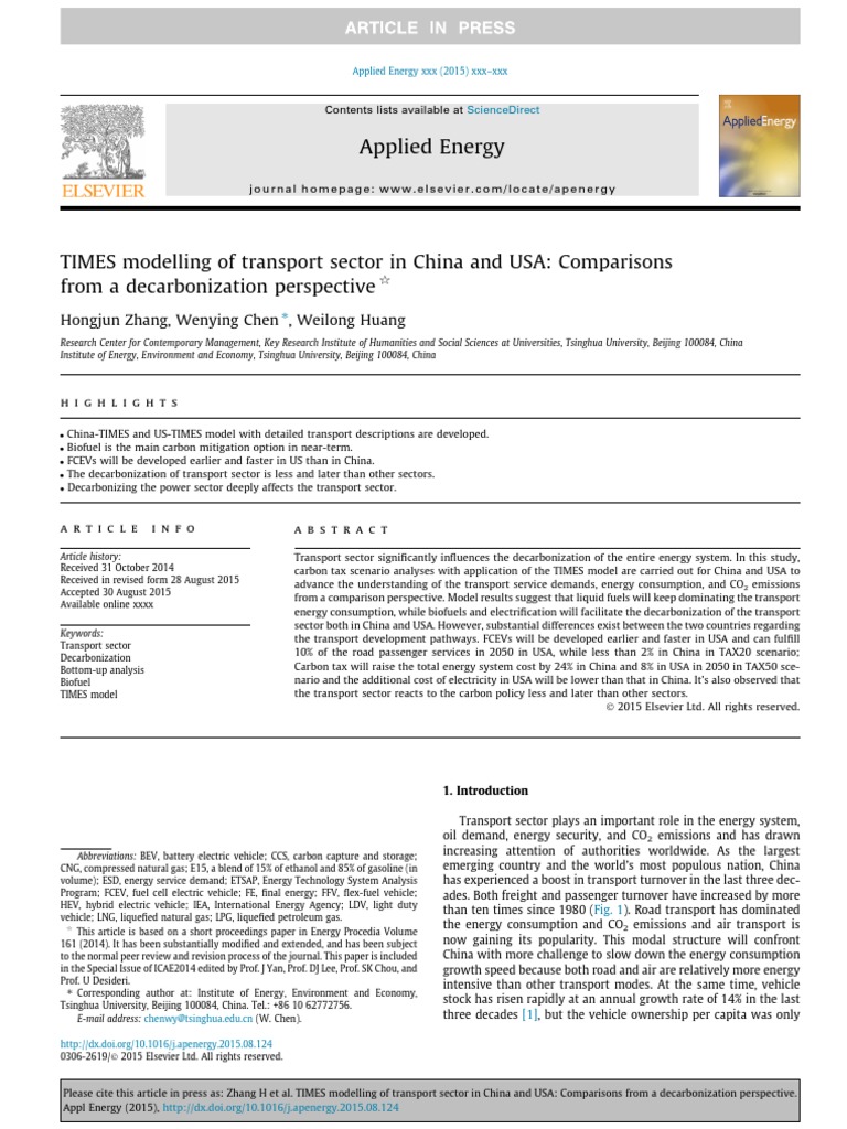 TIMES Modelling of Transport Sector in China and USA: Comparisons From ...