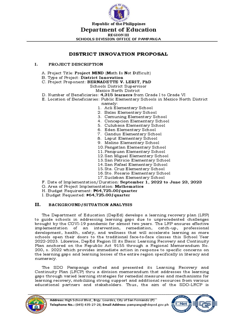 District Innovation Proposal - Project Mind | PDF | Learning | Critical ...
