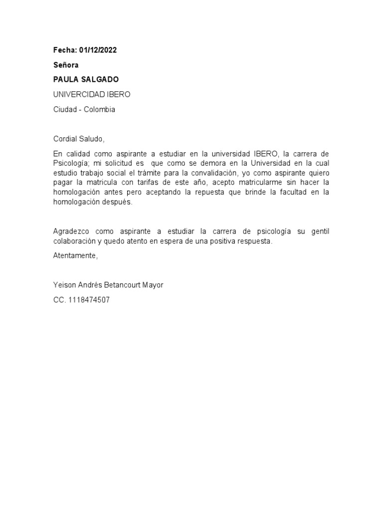 Carta Universidad Ibero Aspirante Estudiar Psicologia Yeison Betancourt Mayor | PDF | Salud y ...