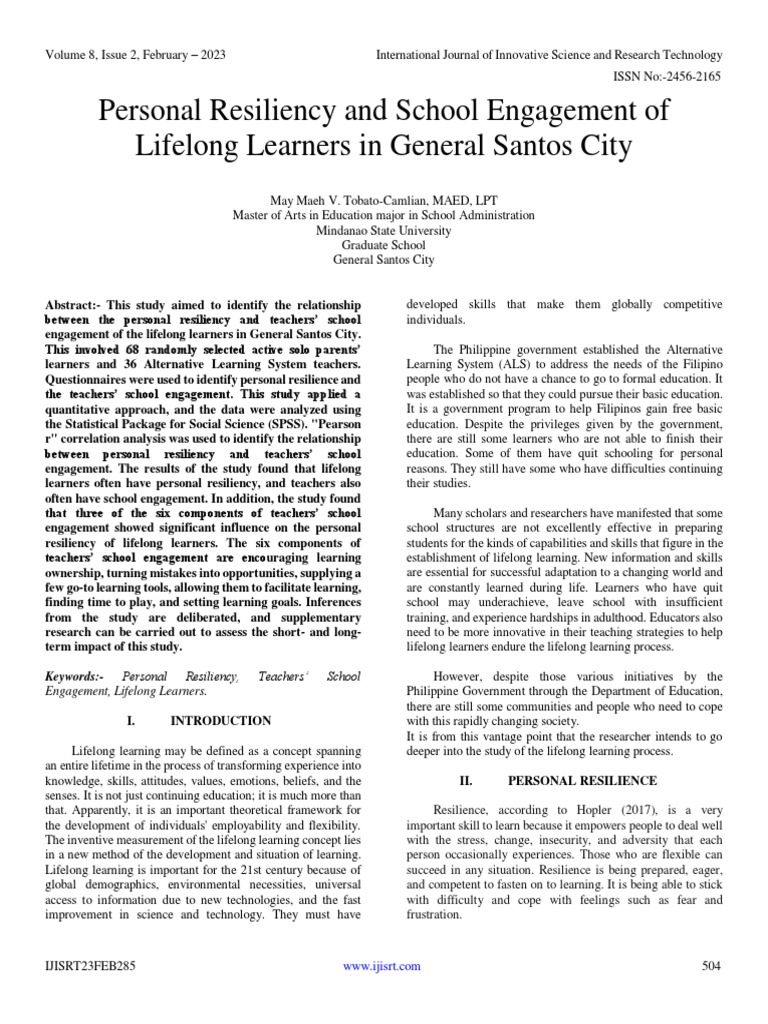 Personal Resiliency and School Engagement of Lifelong Learners in General Santos City | PDF ...