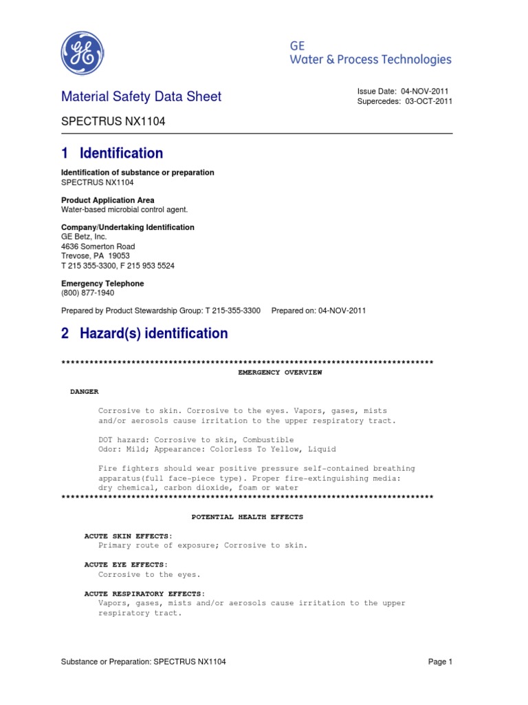 Material Safety Data Sheet: 1 Identification | PDF | Toxicity | Water