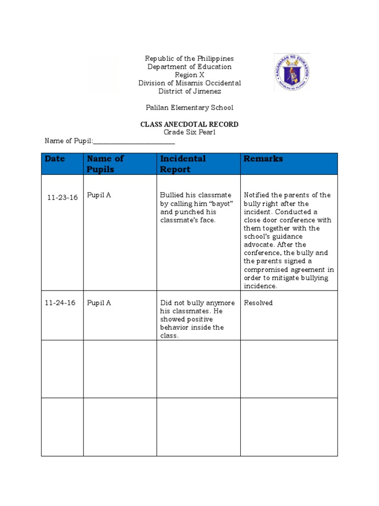 Behavior Anecdotal Records Example | PDF | Wellness