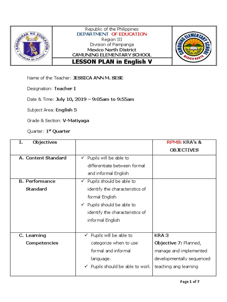 COT LESSON PLAN JAMS 1st | PDF | Learning | Thought