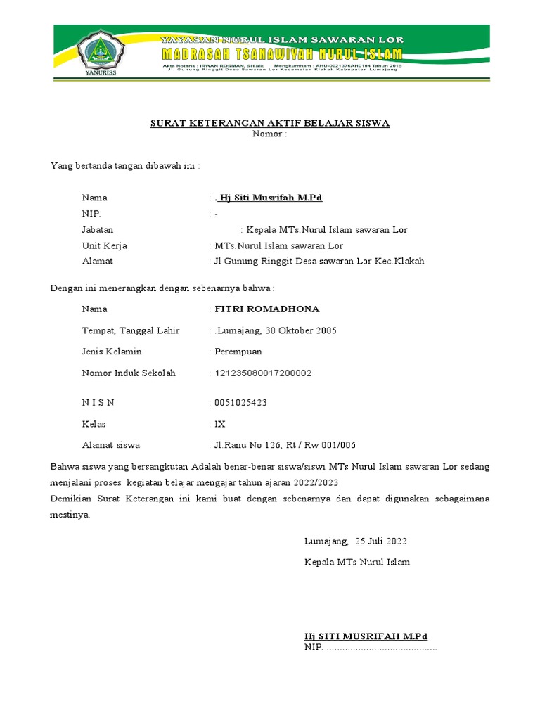 Surat Keterangan Siswa Aktif Belajar Mts Ma | PDF