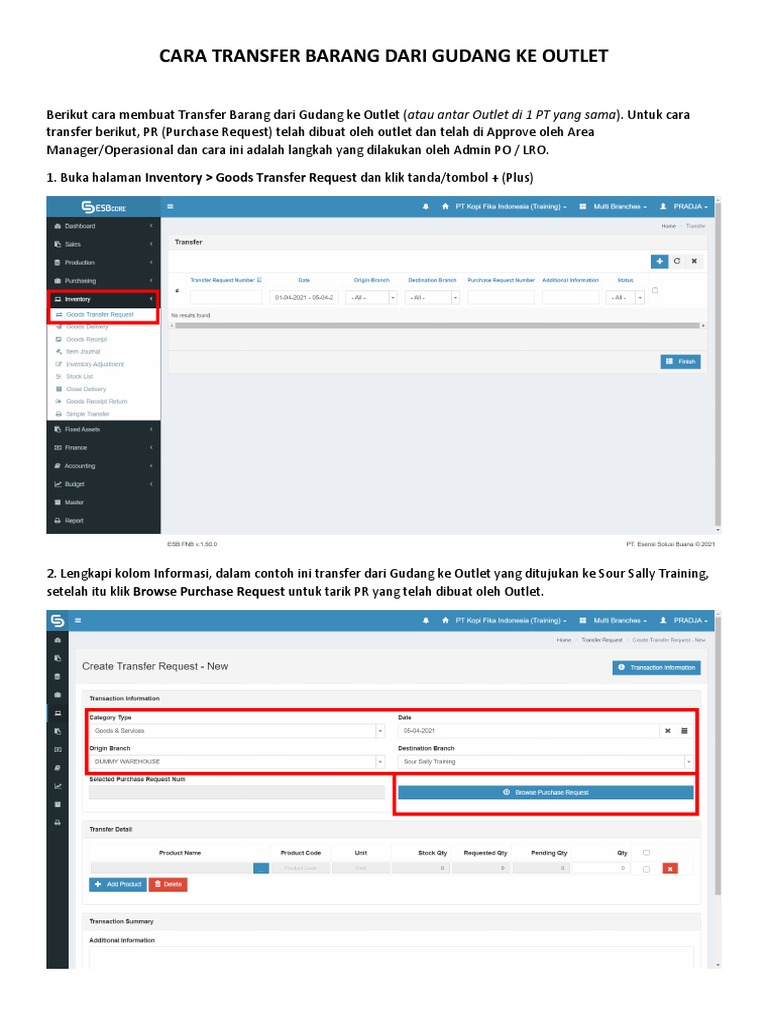 Tutorial Transfer Barang Di ESB Gudang Ke Outlet | PDF