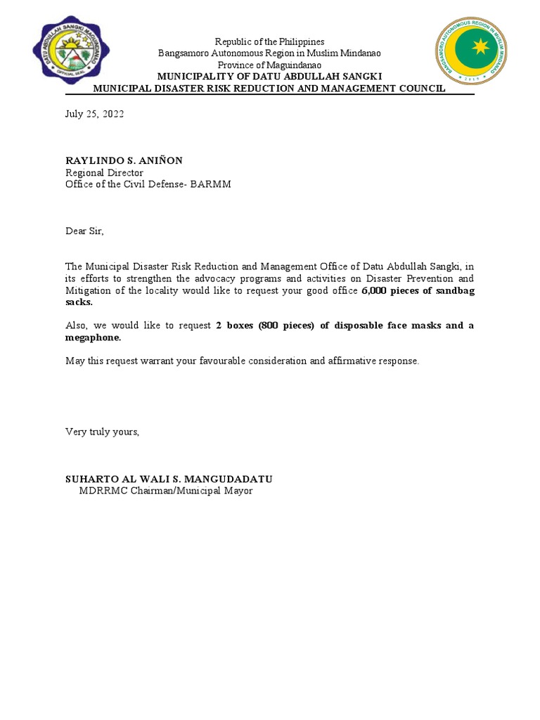 Letter To OCD For Sandbags Sacks and Face Masks | PDF