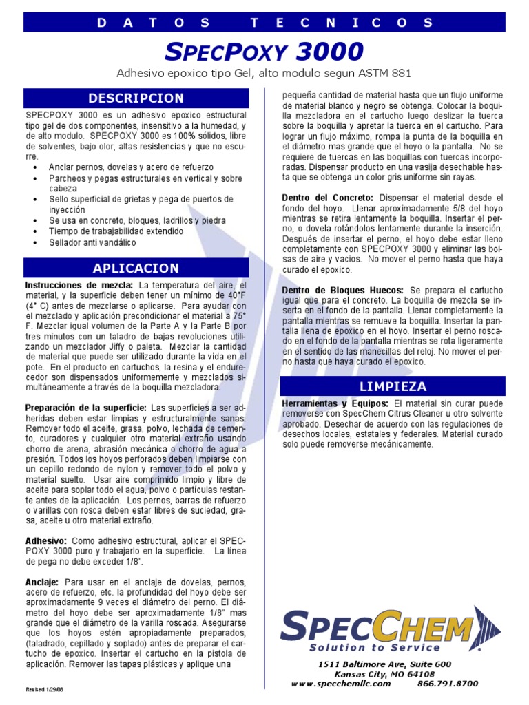 Specpoxy 3000 Tech Sheet SP | PDF | Hormigón | Materiales