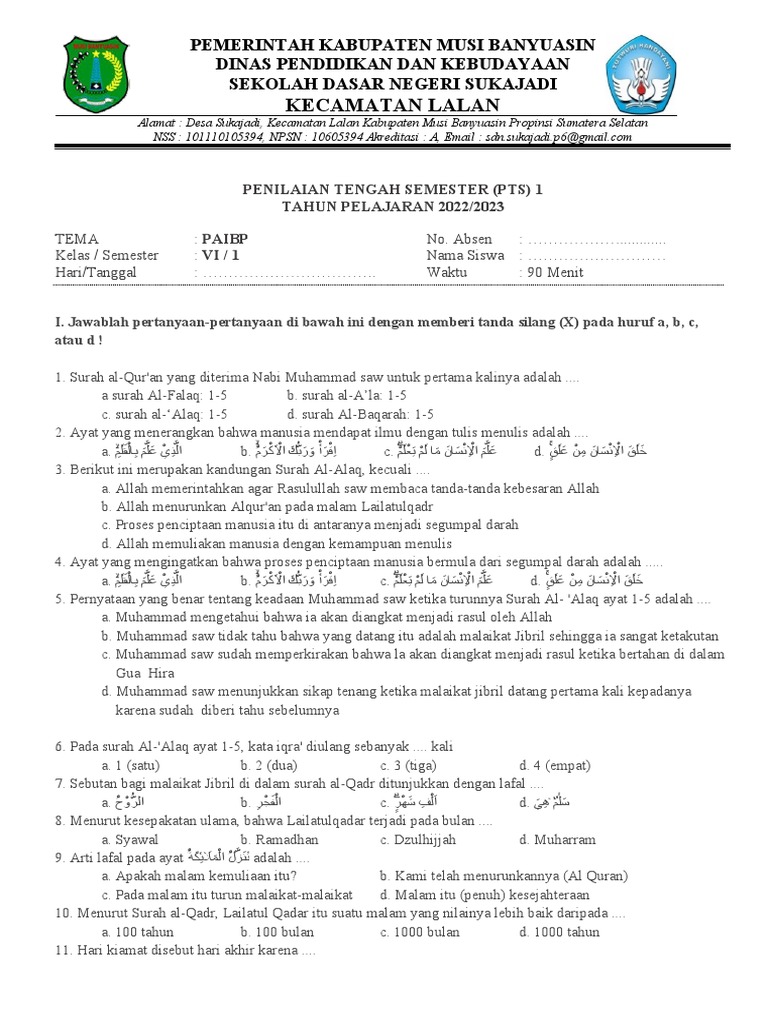 Soal PTS Pai Kelas 6 | PDF | Agama & Spiritualitas