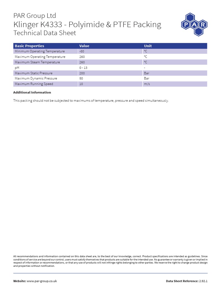 Klinger k4333 Polyimide Filament Packing Tds | PDF