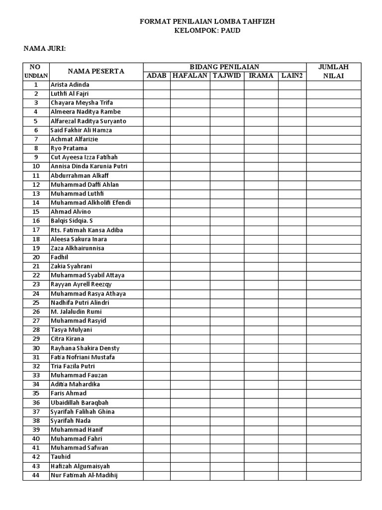 Format Penilaian Lomba Tahfizh | PDF