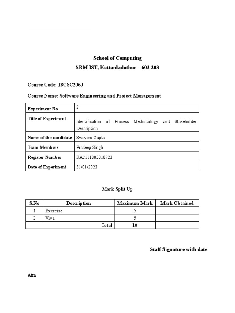 18CSC206J SEPM - Ex 2 | PDF | Software Development Process | Agile ... 18CSC206J SEPM - Ex 2 | PDF | Software Development Process | Agile ...