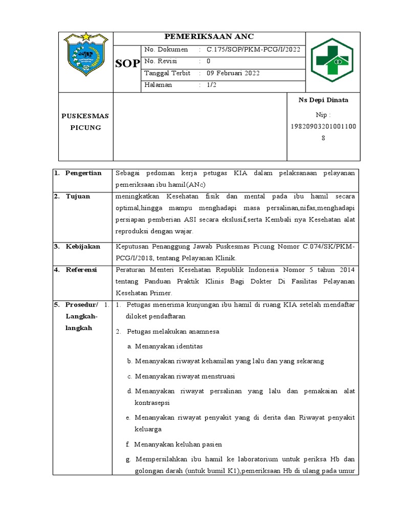 Sop Pemeriksaan Anc Dan Daftar Tilik | PDF