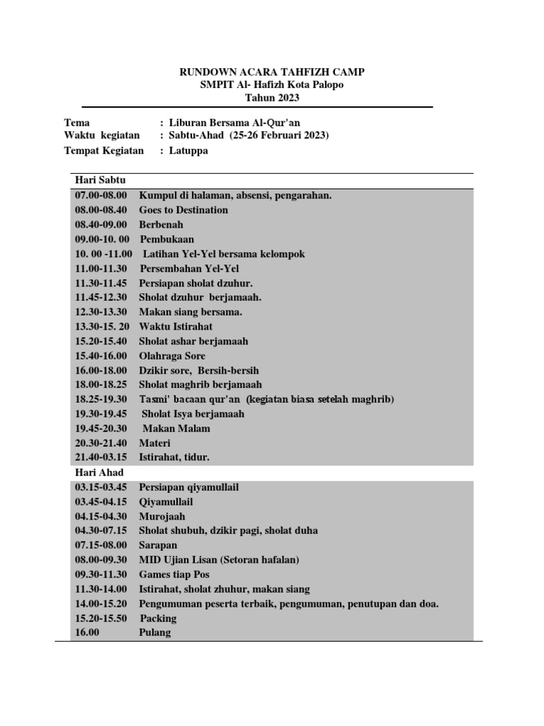 RUNDOWN Tahfizh Camp 2023 | PDF