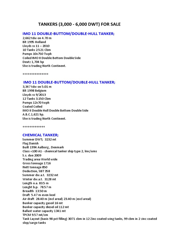 Tankers for Sale: 3,000-6,000 DWT | PDF | Oil Tanker | Marine Propulsion
