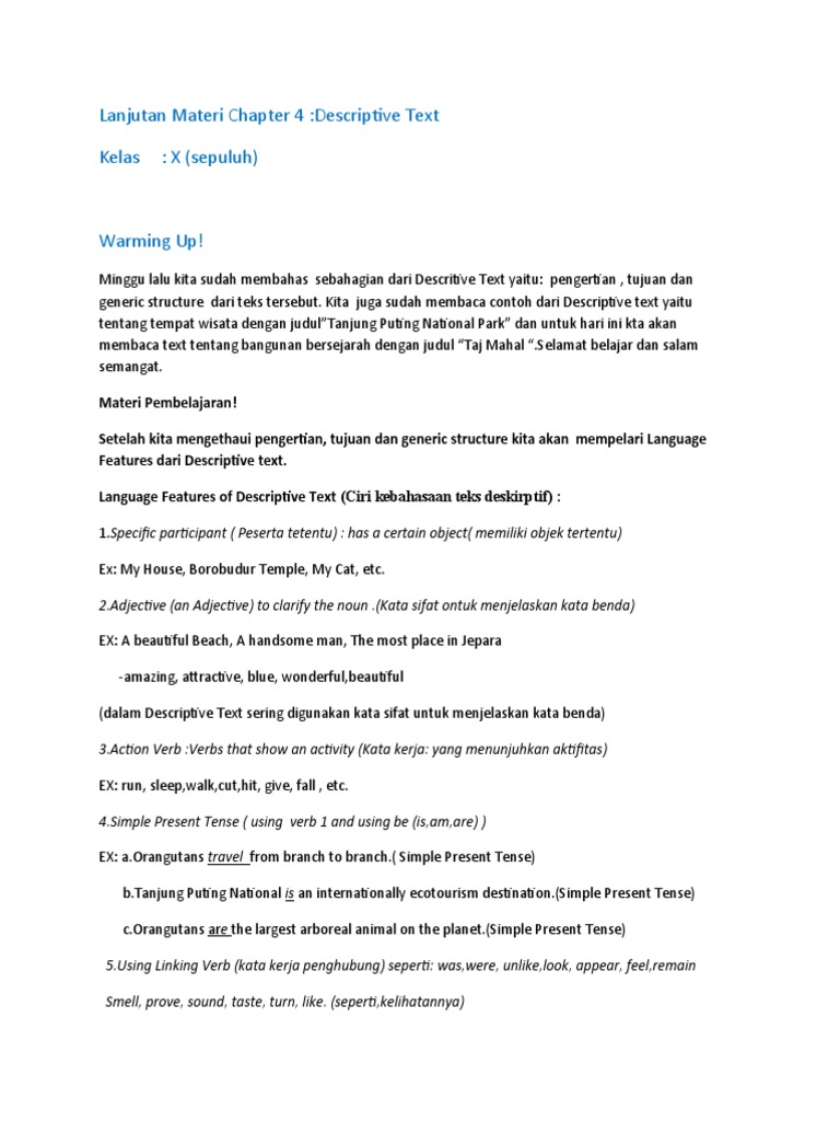 Lanjutan Materi Chapter 4 Kls X (Descriptive Text) | PDF | Grammar | Linguistics