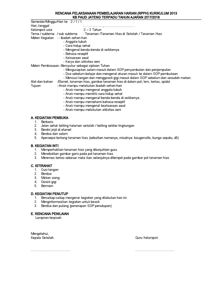 RPPH KB-A SMT2 Minggu - 01 - Tanaman Hias Di Sekolah | PDF