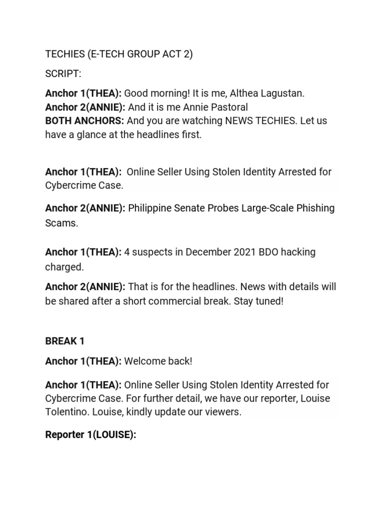 Techies Act 2 News Report Script | PDF | Phishing | Cybercrime