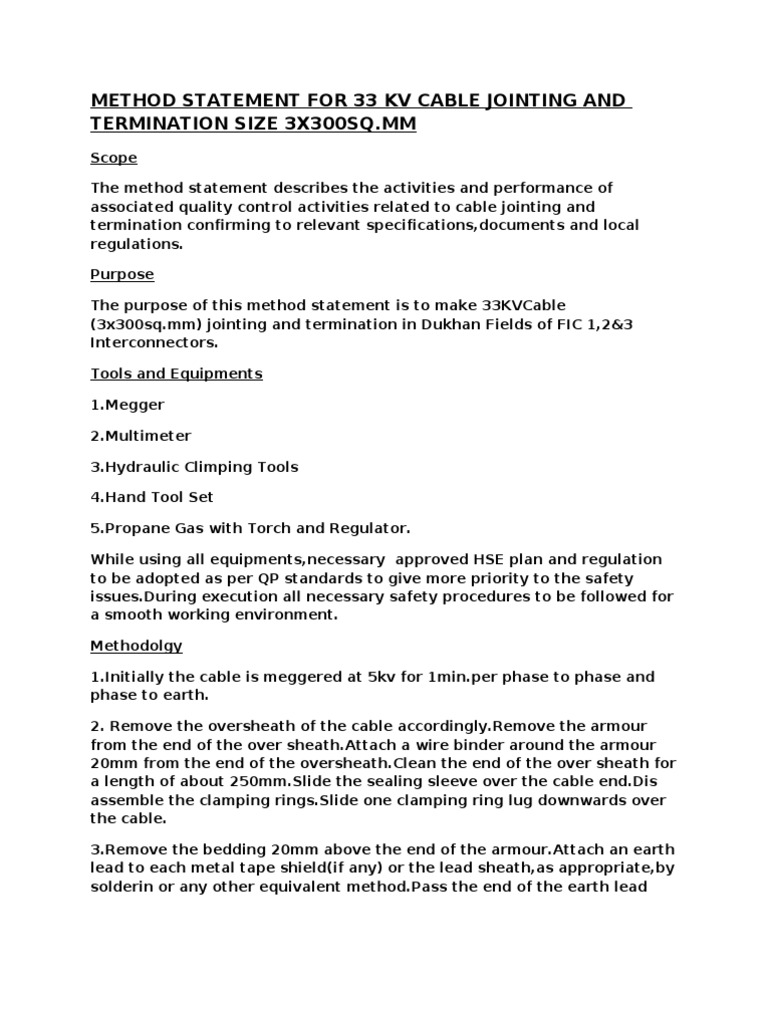 Method Statement for 33 Kv Cable Termination Size 3x300sq | Wire | Cable