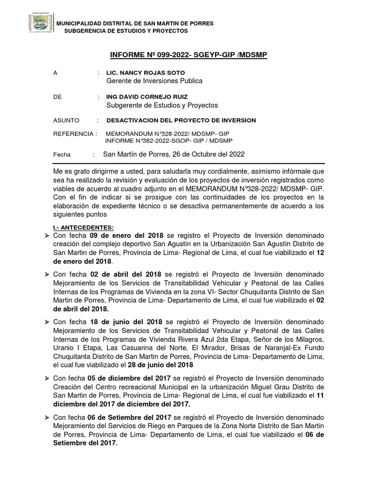 Informe N°99 A Gip Para Desactivacion Pi Pdf Lima