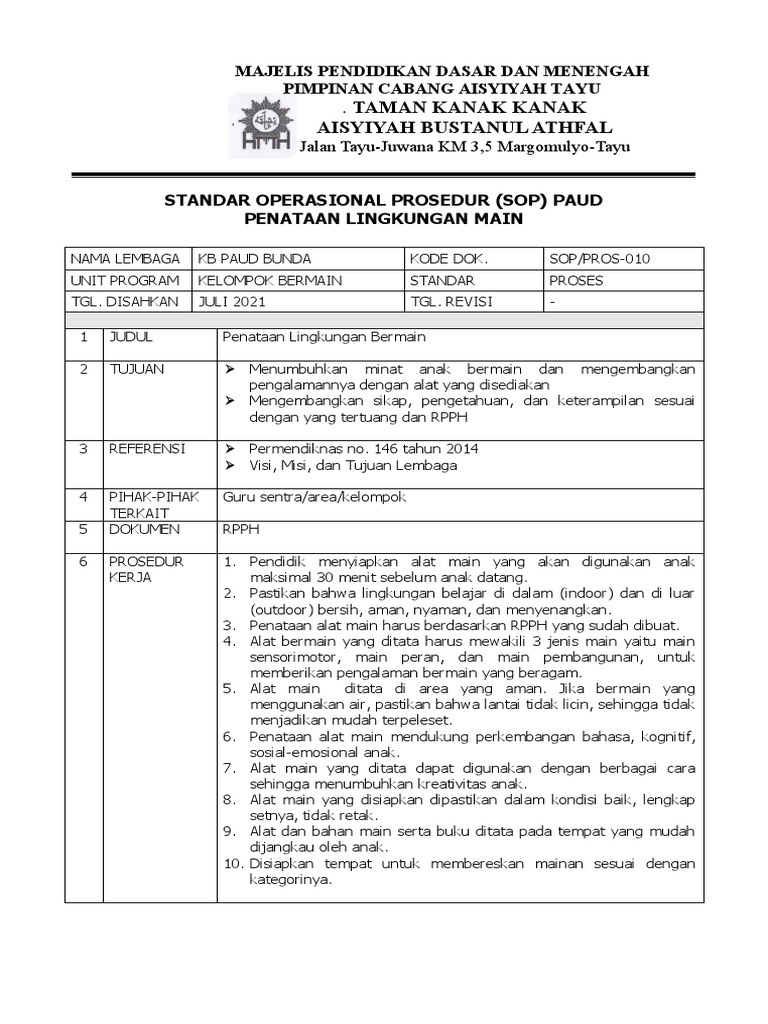 10 Sop Paud Penataan Lingkungan Main | PDF