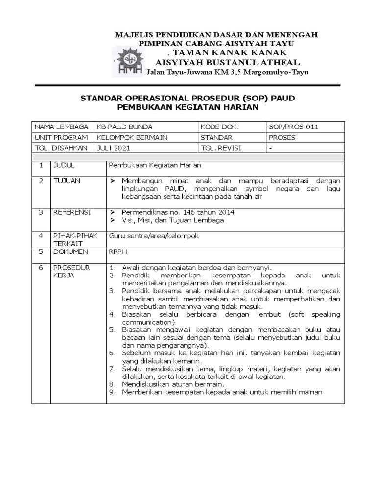 11 Sop Paud Pembukaan Kegiatan Harian | PDF