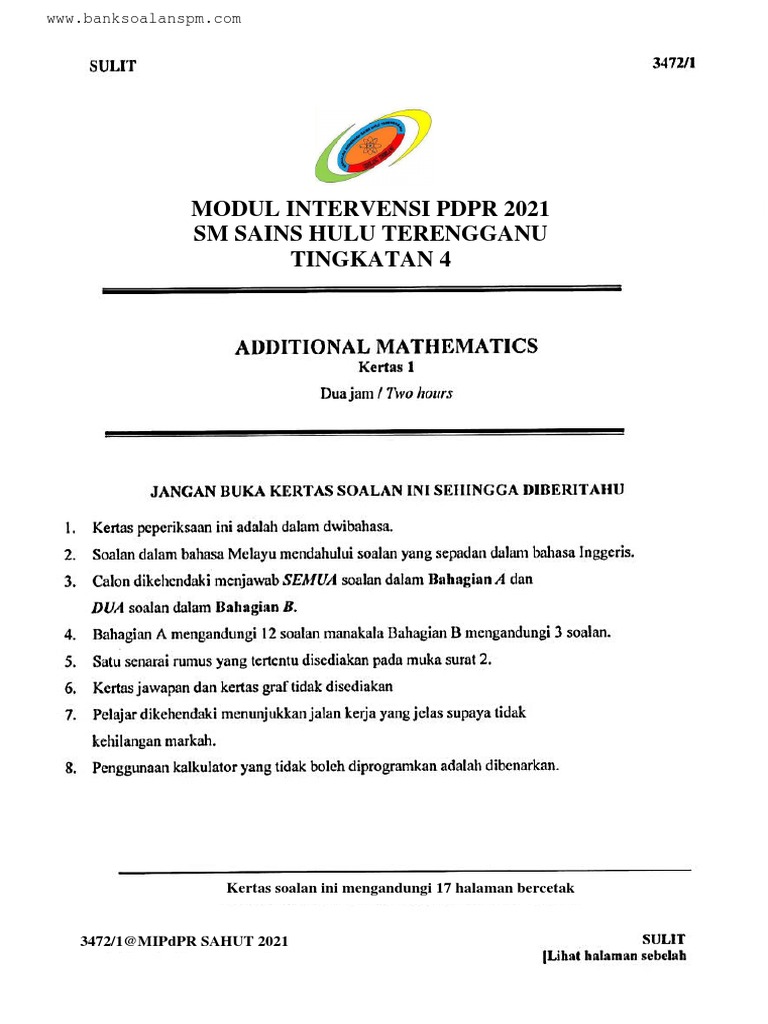 Kertas 1, Modul Intervensi Tingkatan 4 Sahut, SBP 2021 Soalan | PDF