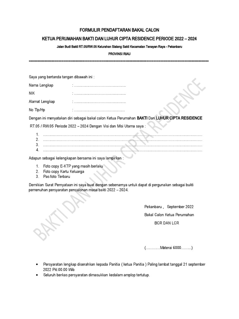 Formulir Pendaftaran Ketua Perumahan 2022-2024 | PDF | Pengelolaan ...