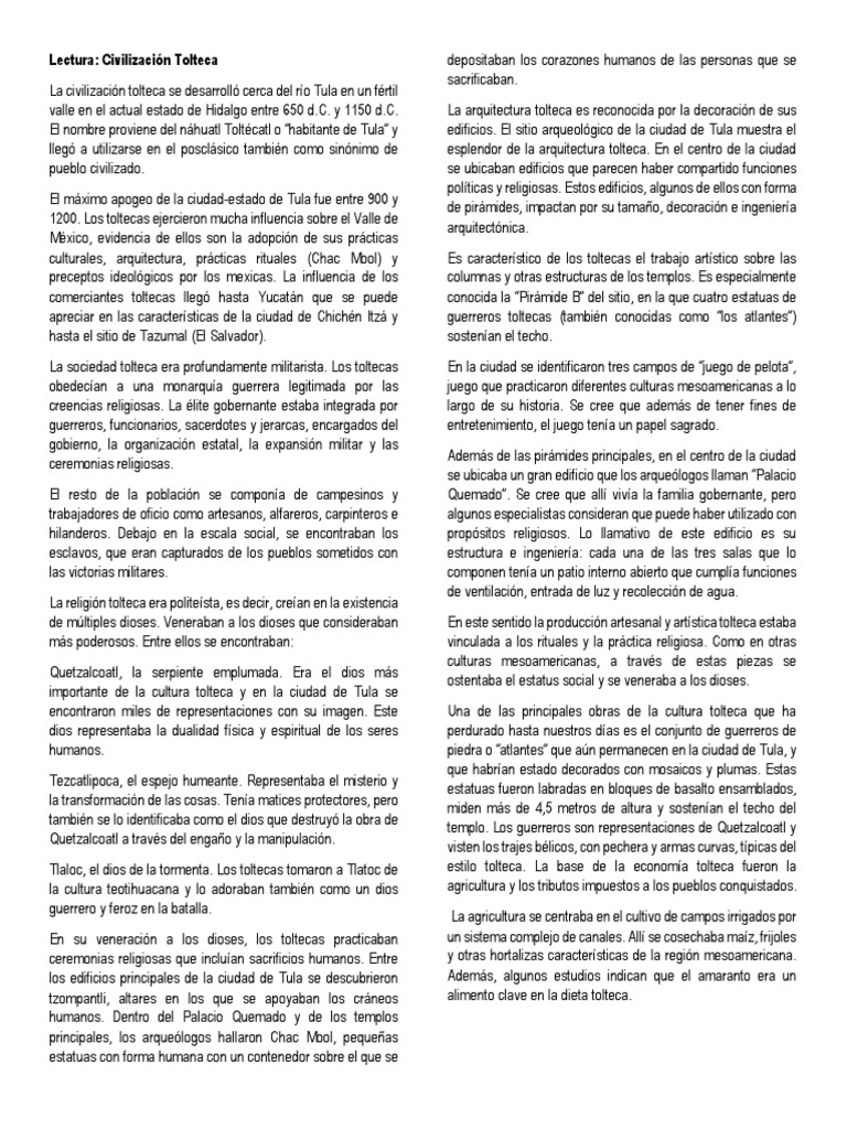 Lectura TOLTECA | PDF | America latina | Cultura de las Americas