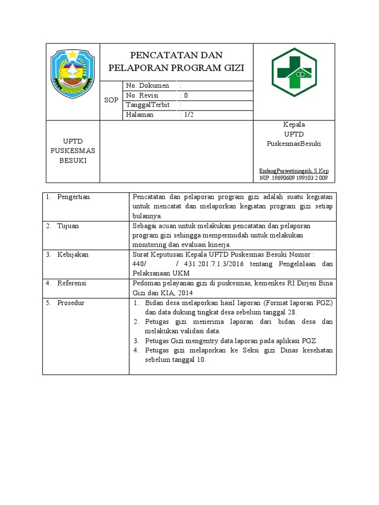 Sop Pencatatan Dan Pelaporan Program Gizi | PDF